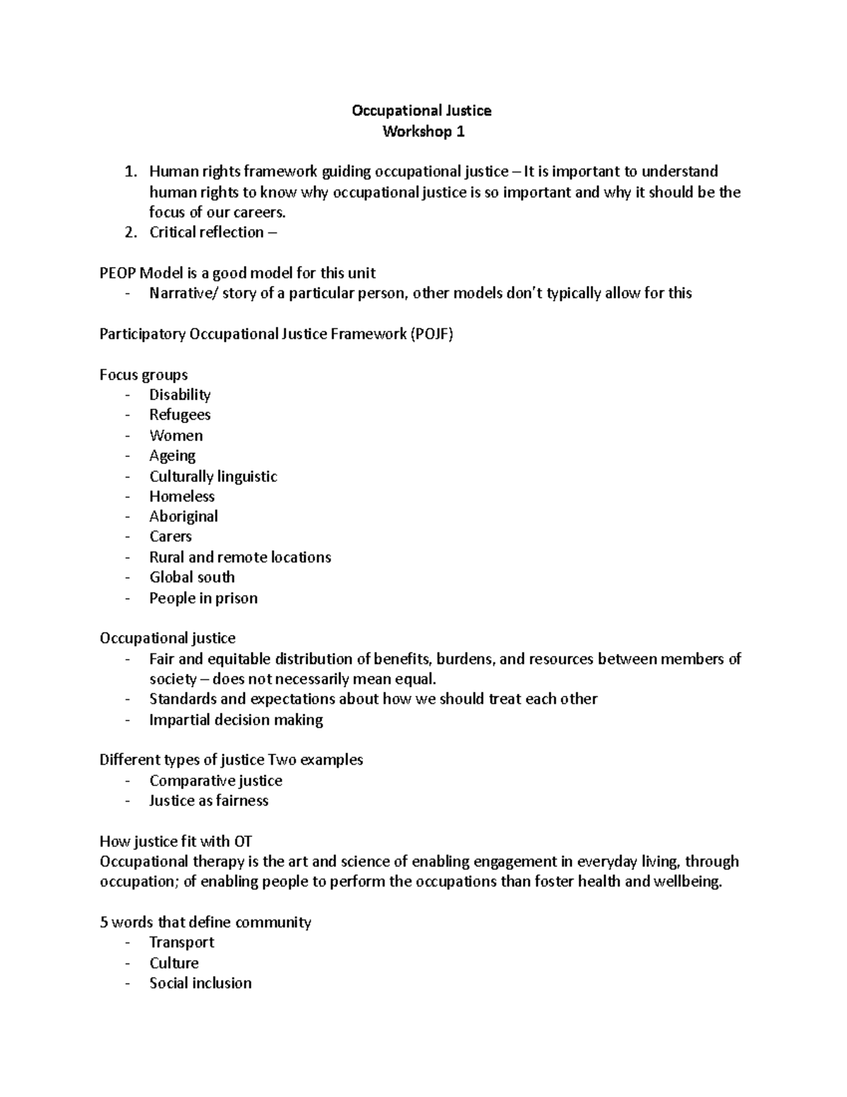 Occupational Justice Notes - Occupational Justice Workshop 1 Human ...