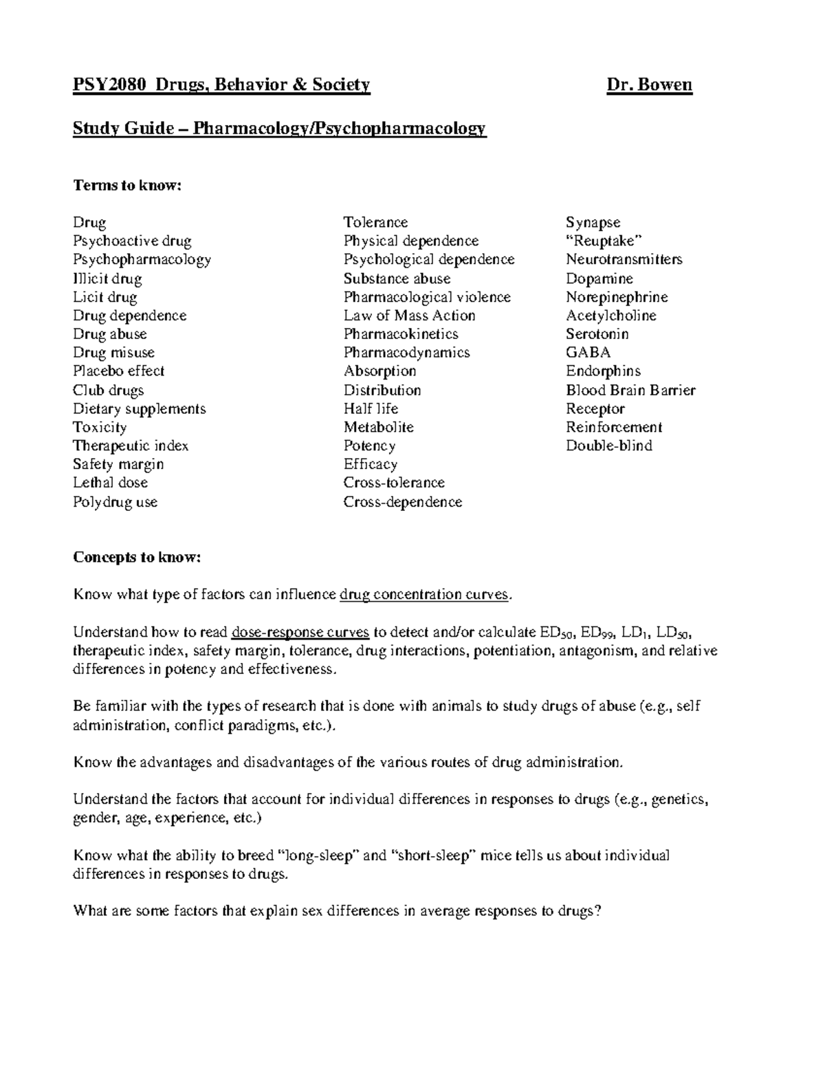 Study Guide Pharmacology - PSY2080 Drugs, Behavior Society Dr. Bowen ...