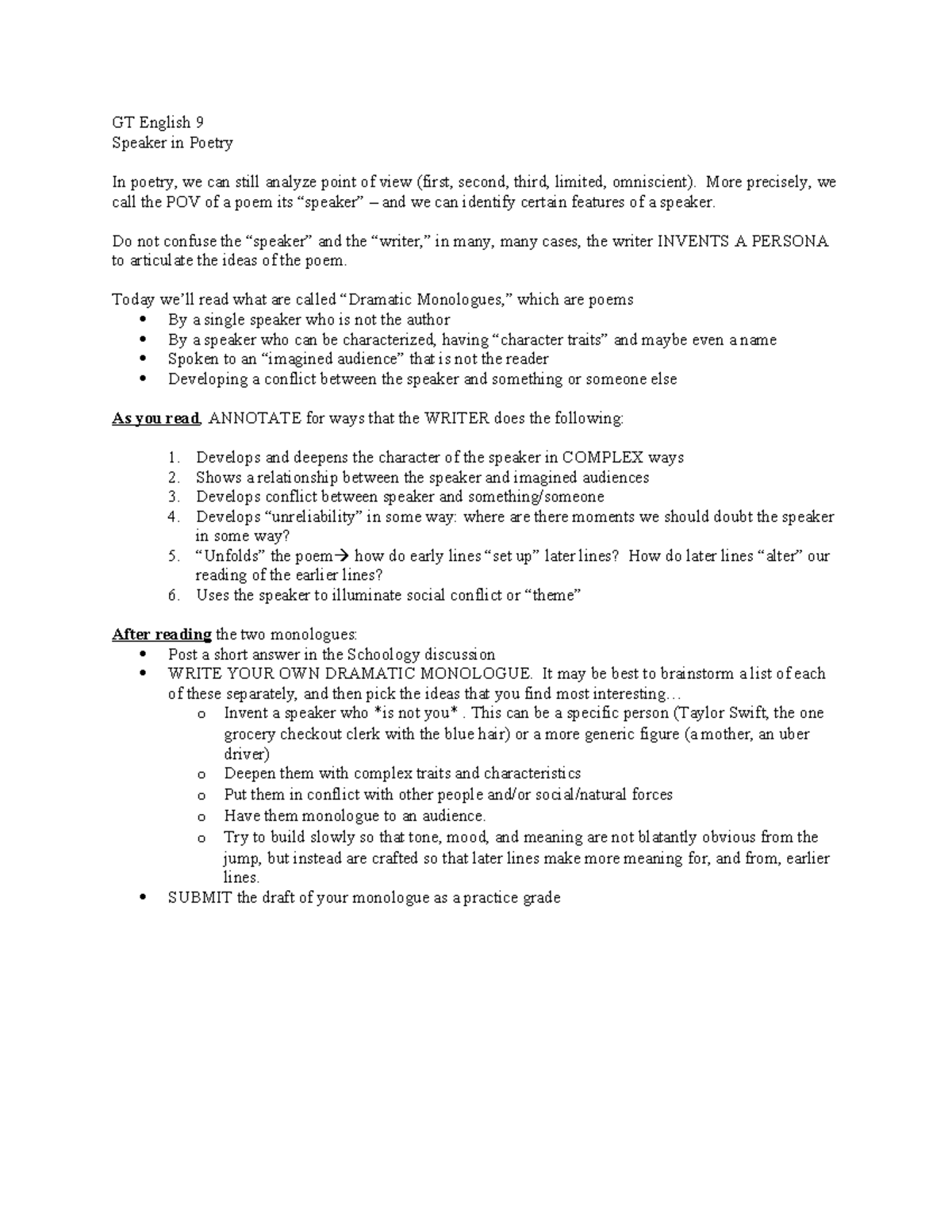 Dramatic+monologues+with+directions - GT English 9 Speaker in Poetry In ...