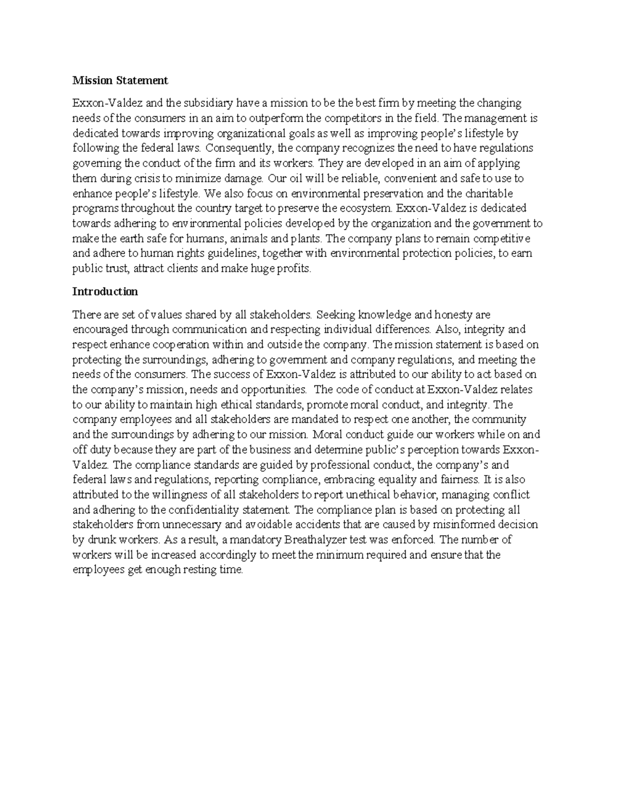 Part 1 and 2 - parts 1 and parts 2 completed - Mission Statement Exxon ...