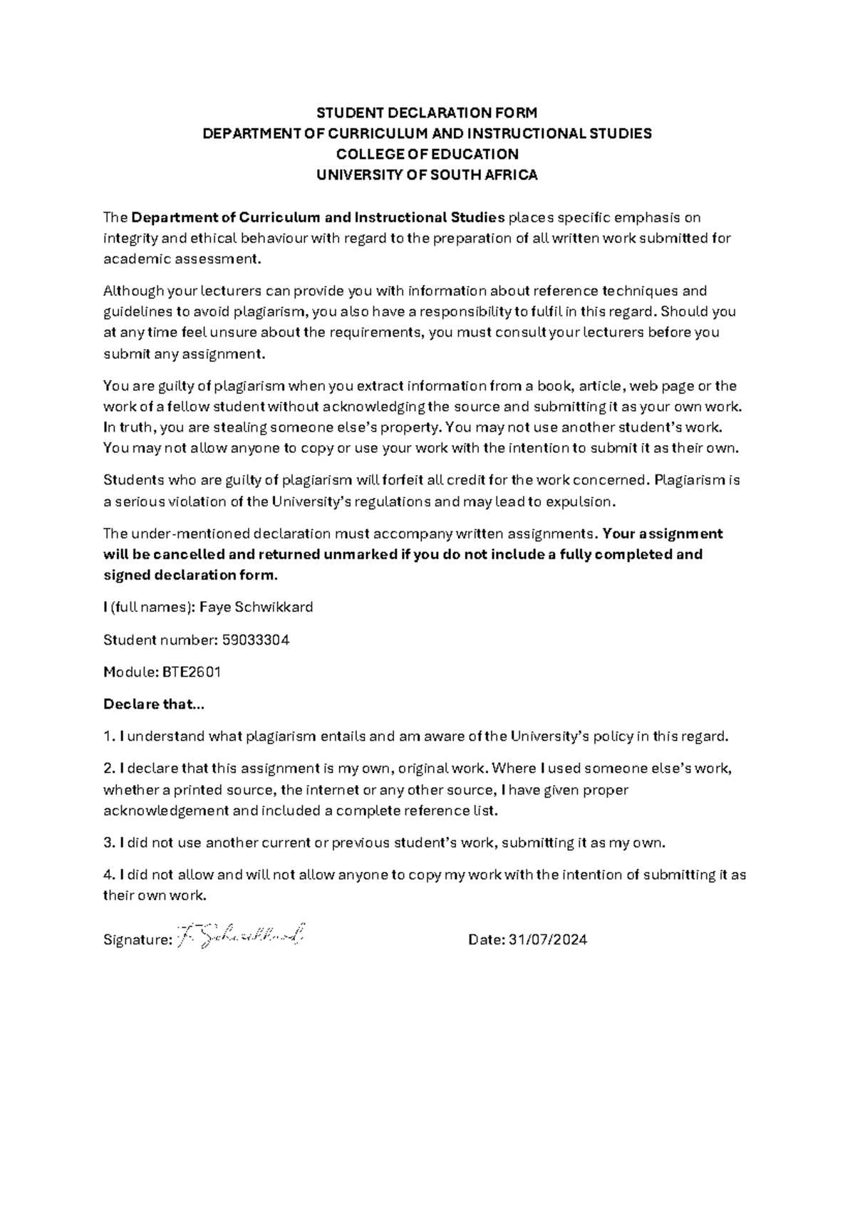 BTE2601 Assignment 03 - STUDENT DECLARATION FORM DEPARTMENT OF ...