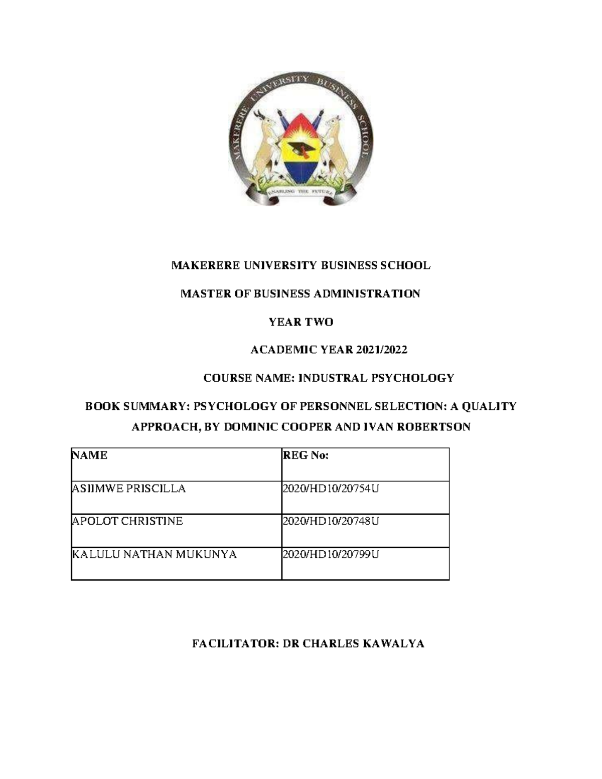 THE Psychology OF Personnel Selection Group 3 Final - MAKERERE ...