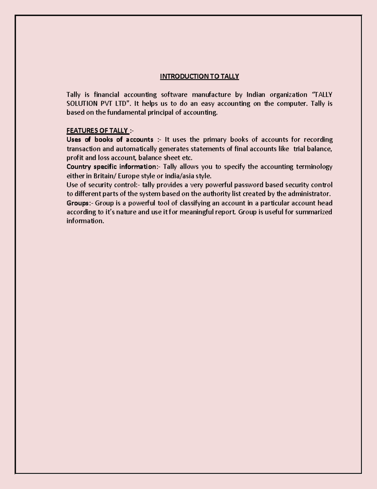 Introduction TO Tally - INTRODUCTION TO TALLY Tally is financial ...