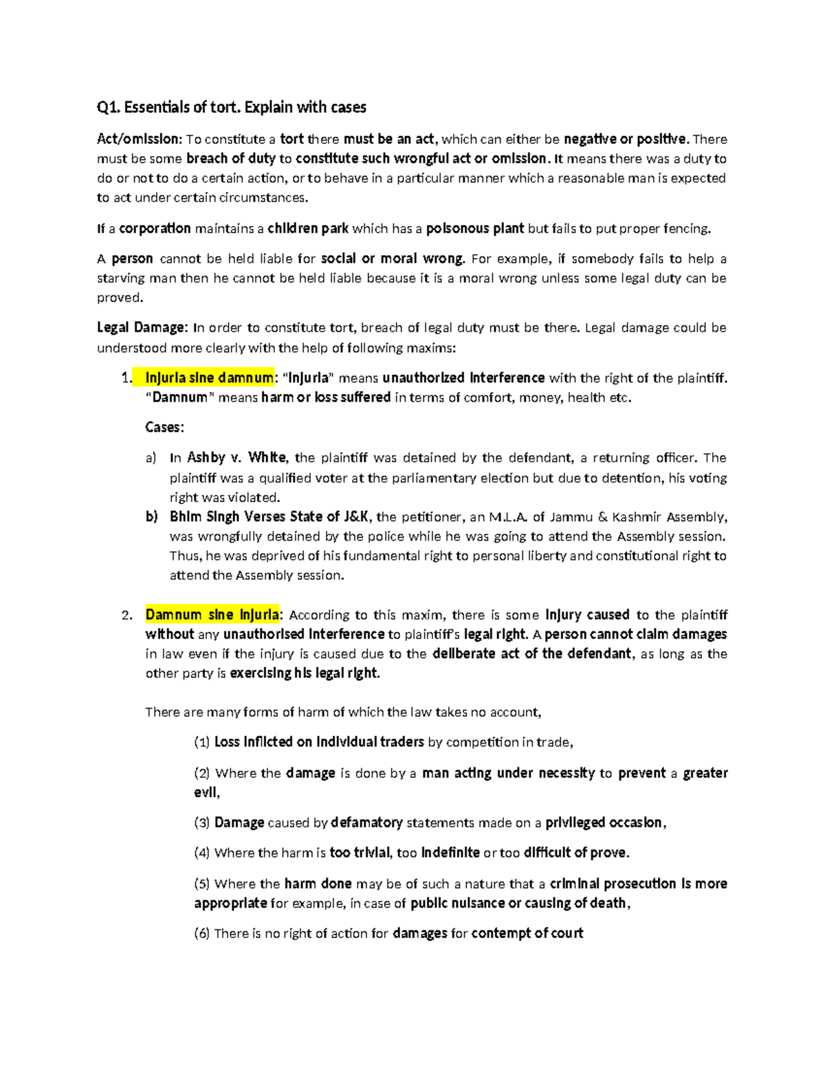 Tort Short Notes - Q1. Essentials of tort. Explain with cases Act ...