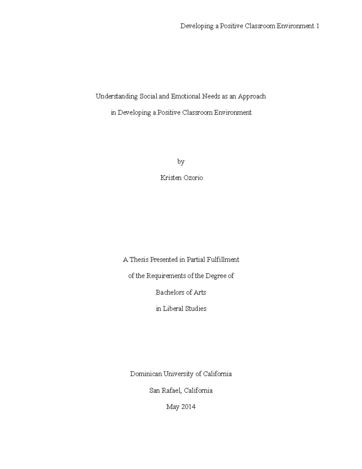 ED545602 - Developing a Positive Classroom Environment 1 TITLE PAGE ...