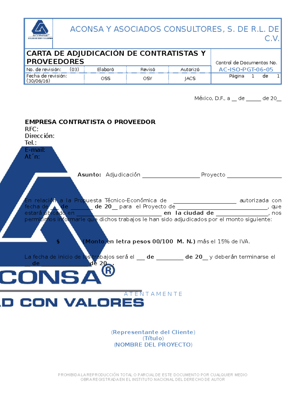 AC-ISO-PGT-06-05 Carta DE Adjudicación DE Contratistas Y Proveedores ...
