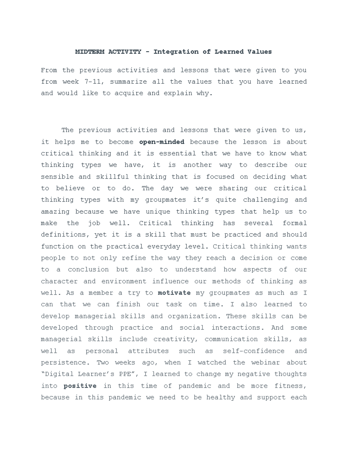 Midterm Activity - Integration of Learned Values - MIDTERM ACTIVITY ...