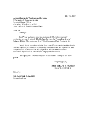 Pdl questionnaire and letter - “MABINI COLLEGESMISSION provides quality ...