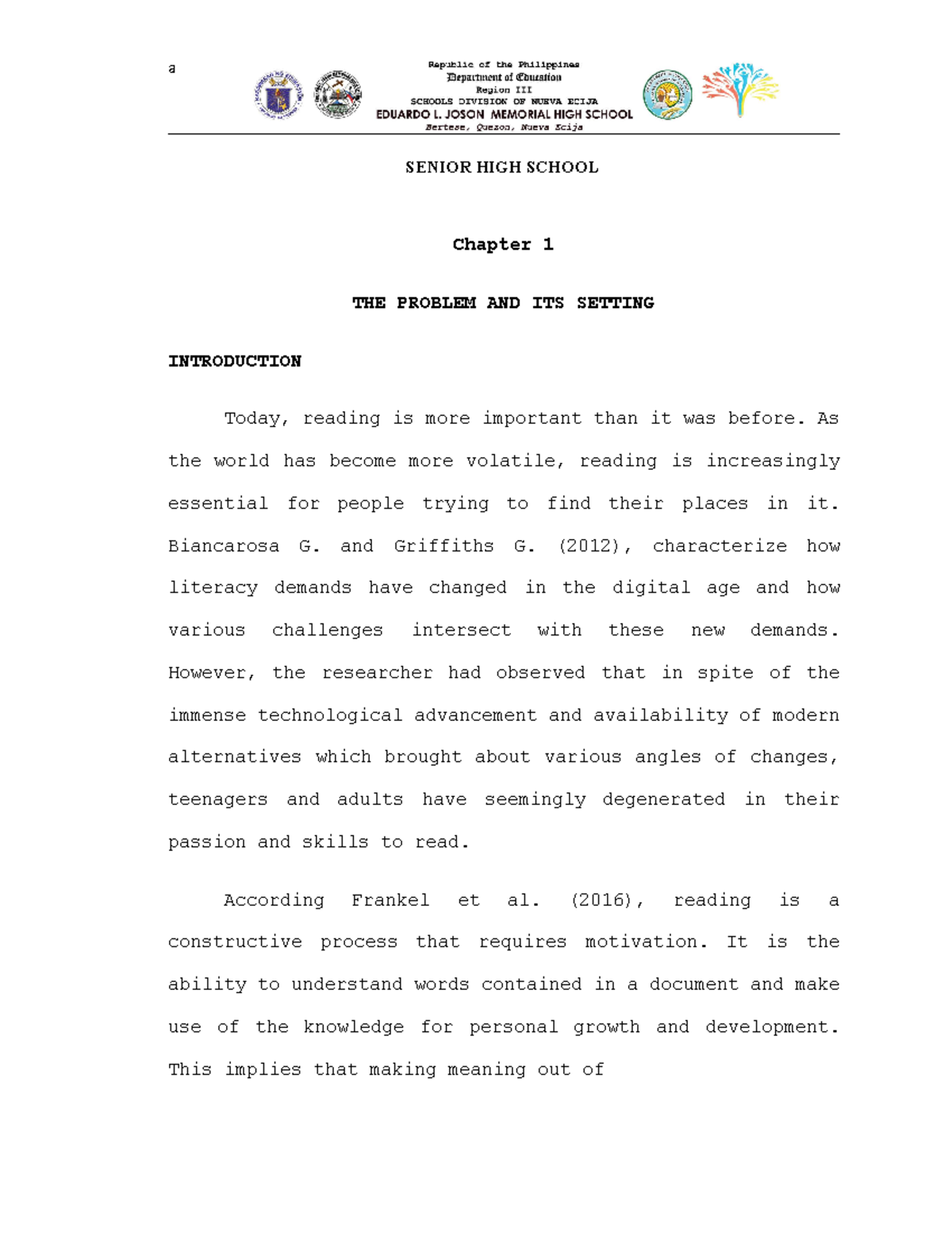 Research Content Format - a SENIOR HIGH SCHOOL Chapter 1 THE PROBLEM ...