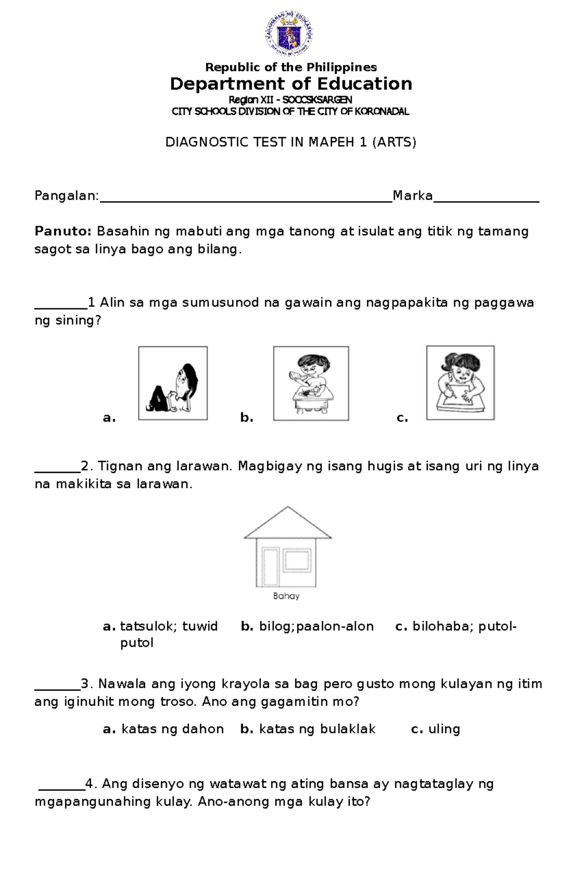 Diagnostic Test Mapeh 1 Arts - Republic of the Philippines Department ...