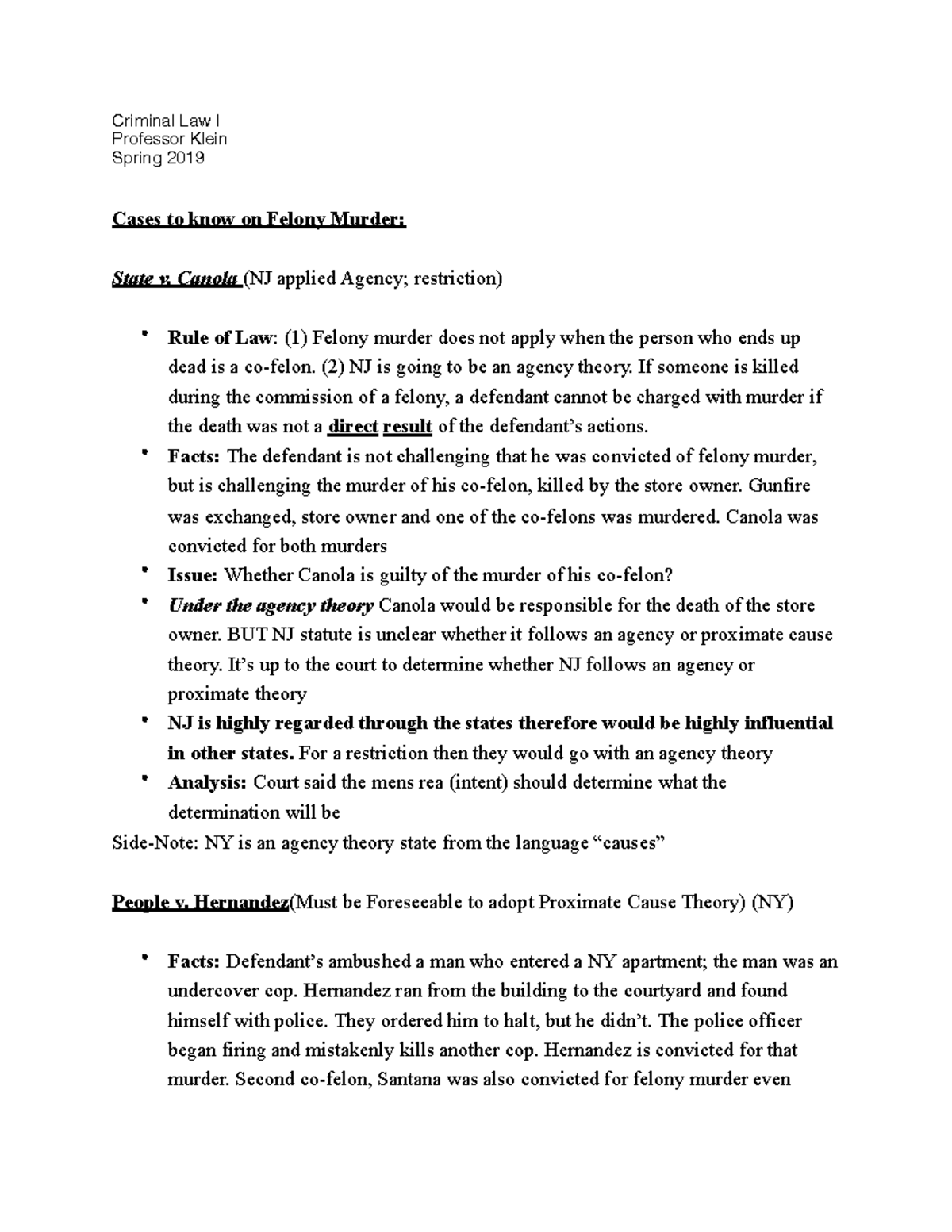 Cases to know on Felony Murder - Criminal Law I Professor Klein Spring ...