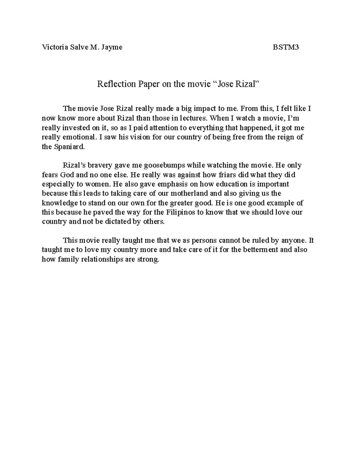 Reaction Paper - Victoria Salve M. Jayme BSTM Reflection Paper on the ...