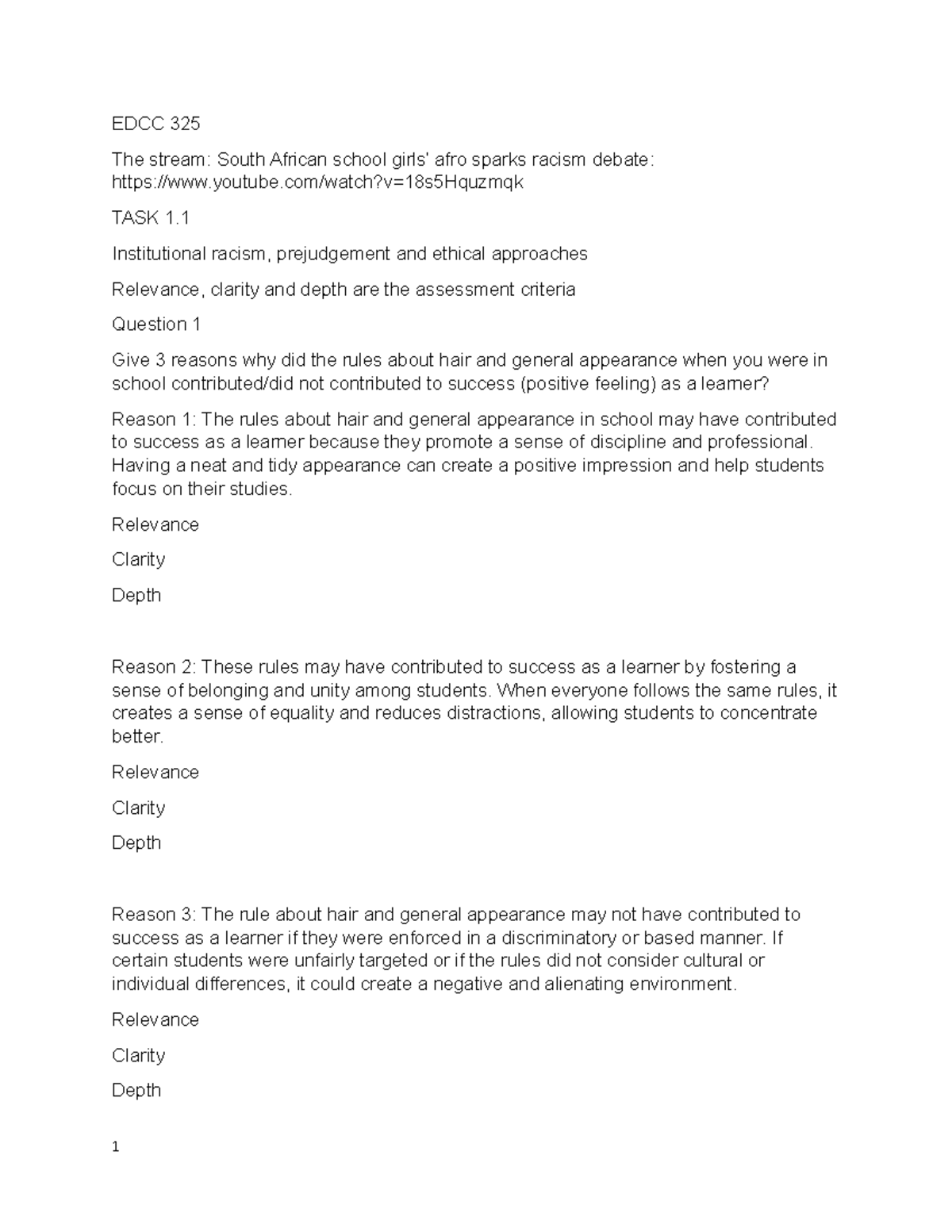 EDCC 325 Assignmeent TASK 1 - EDCC 325 The stream: South African school ...