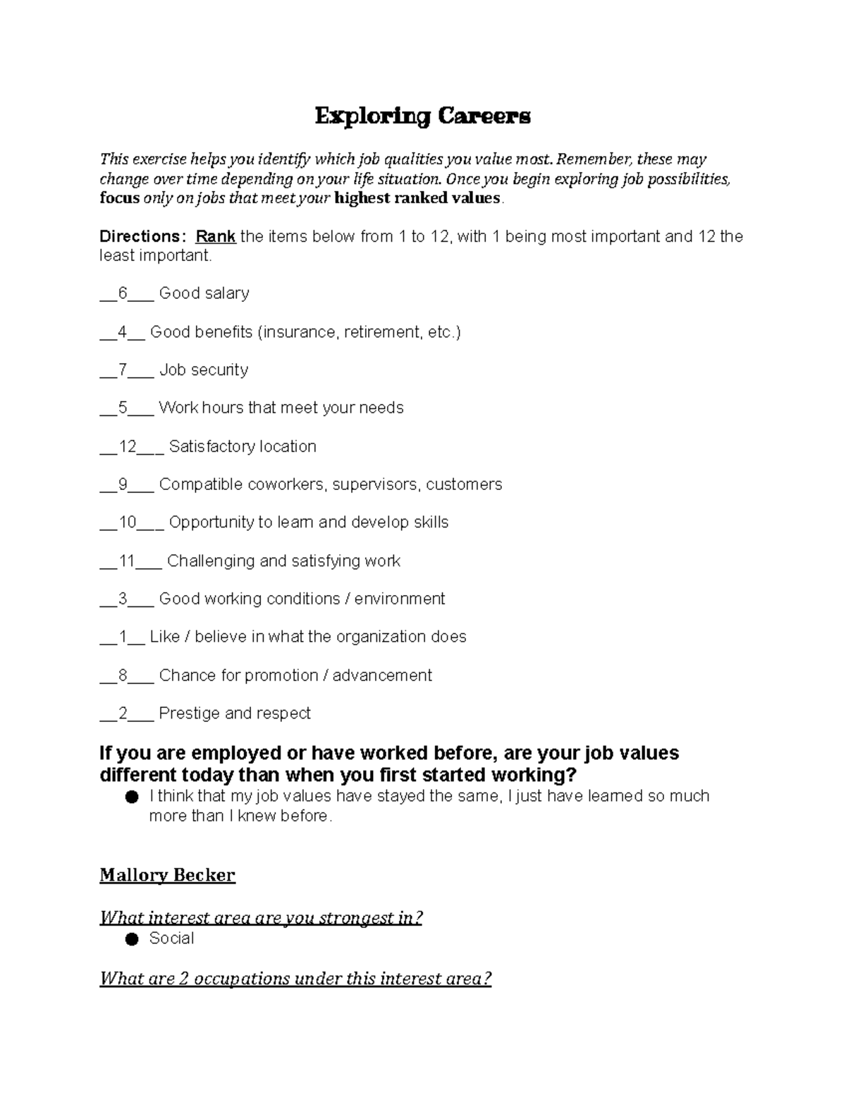 Exploring Careers (1) - Exploring Careers This exercise helps you ...