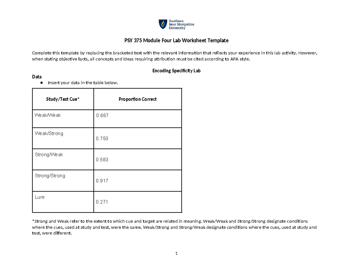 PSY 375 Module Four Lab Worksheet Template 11 - PSY 375 Module Four Lab ...