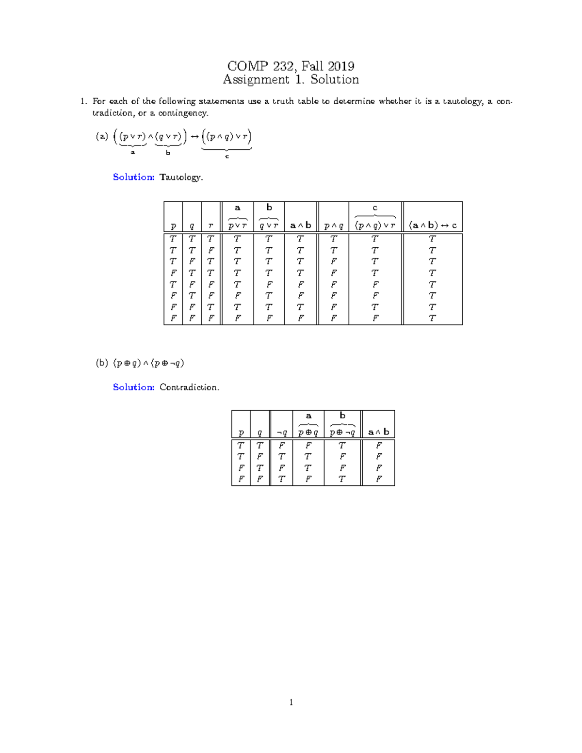 A1s - Assignment 1 Solutions - COMP 232, Fall 2019 Assignment 1. Solution For each of the ...
