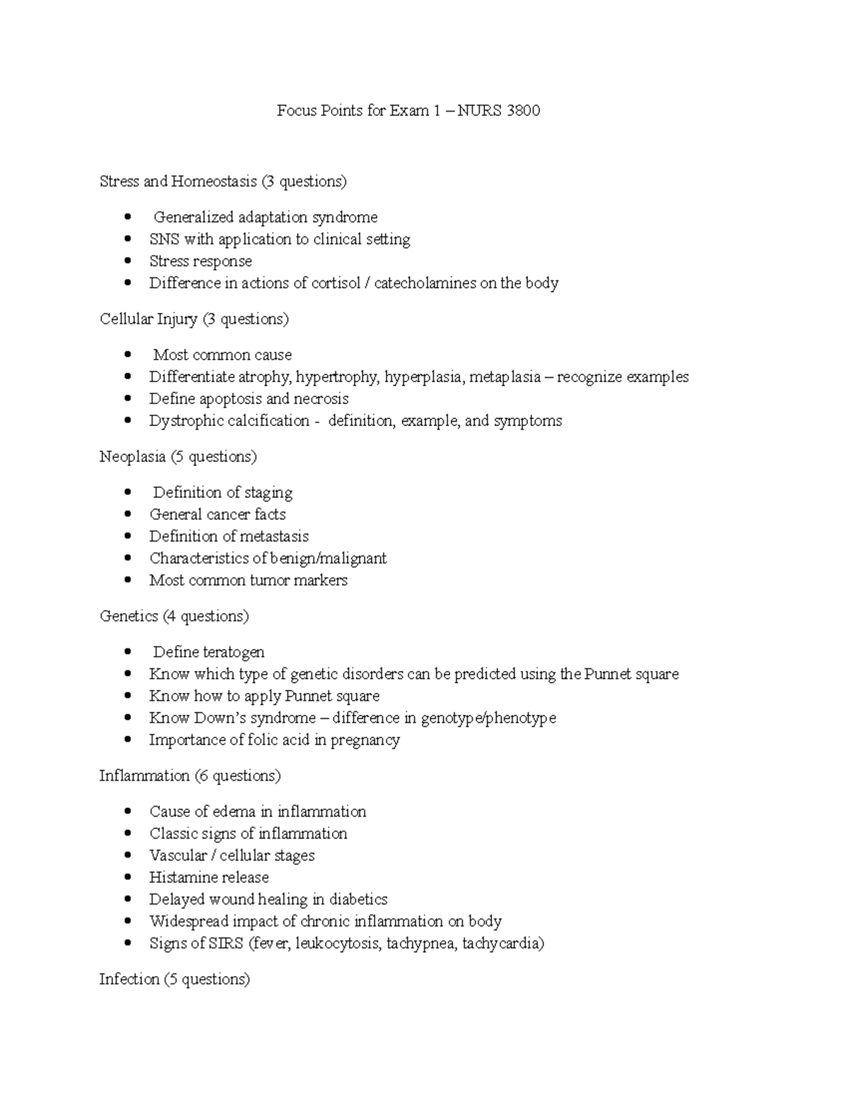 Study Focus Points For Exam 1 (1) - Focus Points for Exam 1 – NURS 3800 ...