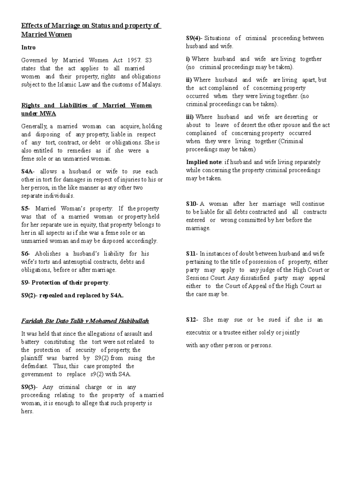 Effect of Marriage - Work - Effects of Marriage on Status and property ...