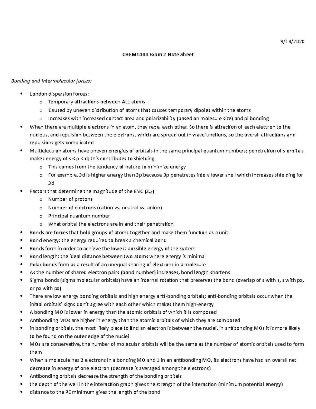 CHEM1400 Master note sheet exam 2 - 9/14/ CHEM1400 Exam 2 Note Sheet ...