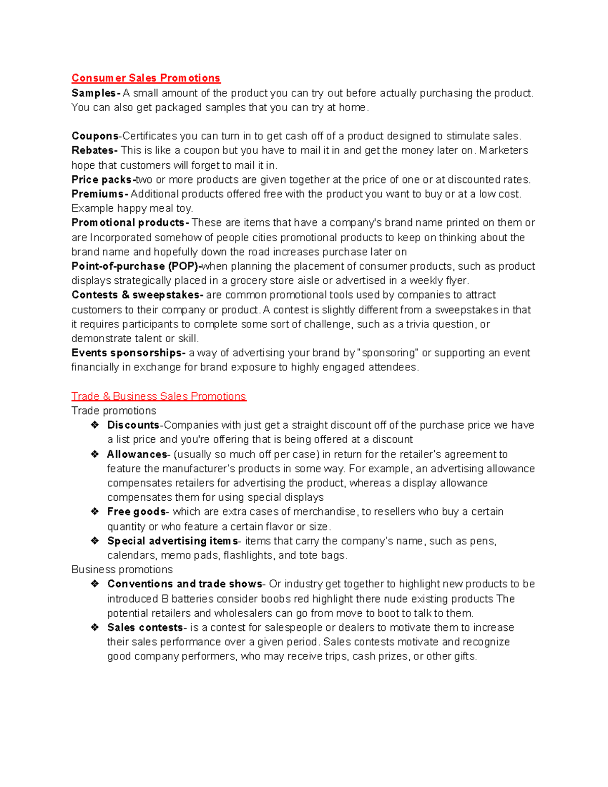MKT 2000 Chapter 13 Notes - Consumer Sales Promotions Samples- A small ...