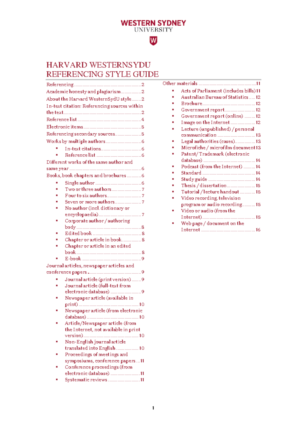 Referencing Style - 1 HARVARD WESTERNSYDU REFERENCING STYLE GUIDE ...
