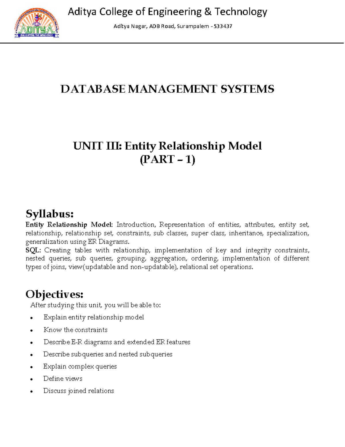 DBMS (R20) UNIT - 3 - joins and sub querries - Aditya College of ...