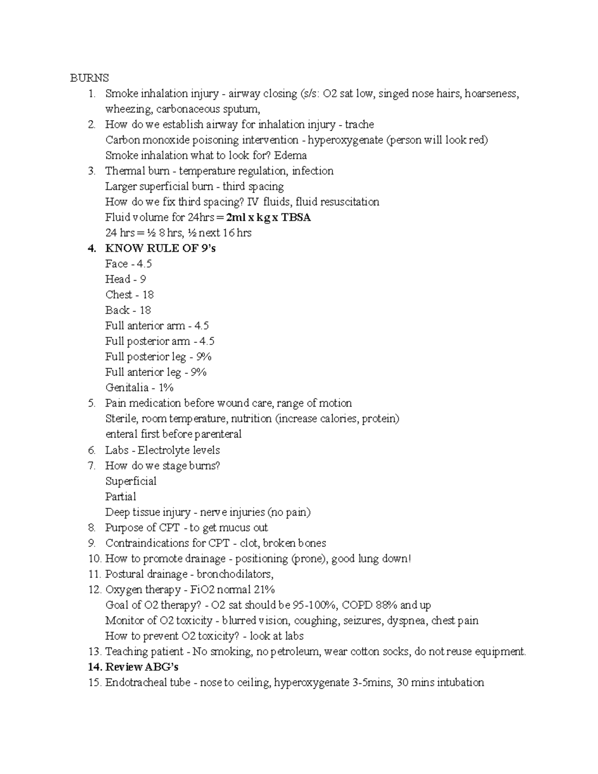 MED SURG EXAM 1 - BURNS Smoke inhalation injury - airway closing (s/s ...