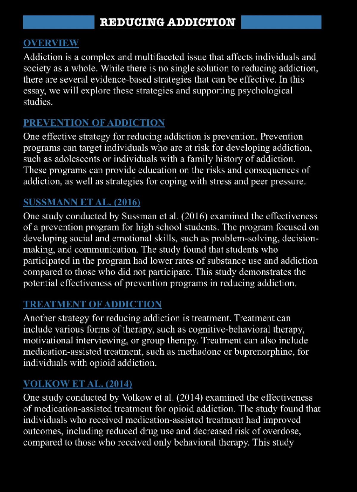 Summary - Reducing Addiction - 18205 - Studocu