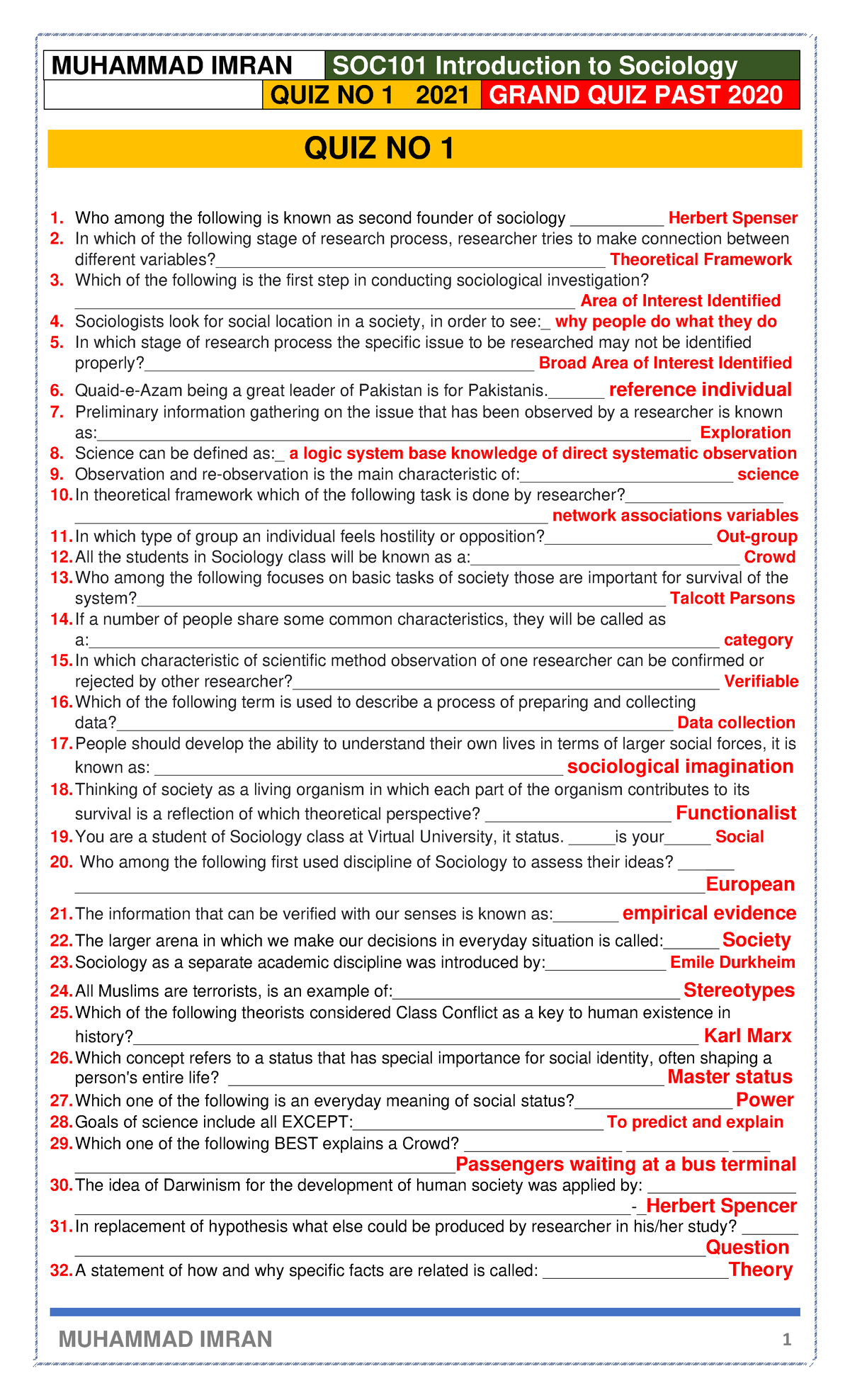 SOC101 Quiz 1 and Grand Quiz) - MUHAMMAD IMRAN SOC101 Introduction to ...