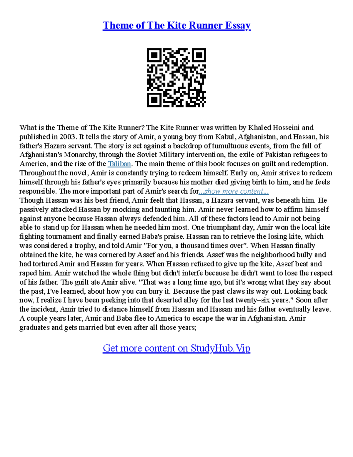 The Kite Runner Essay Questions - Theme of The Kite Runner Essay What ...