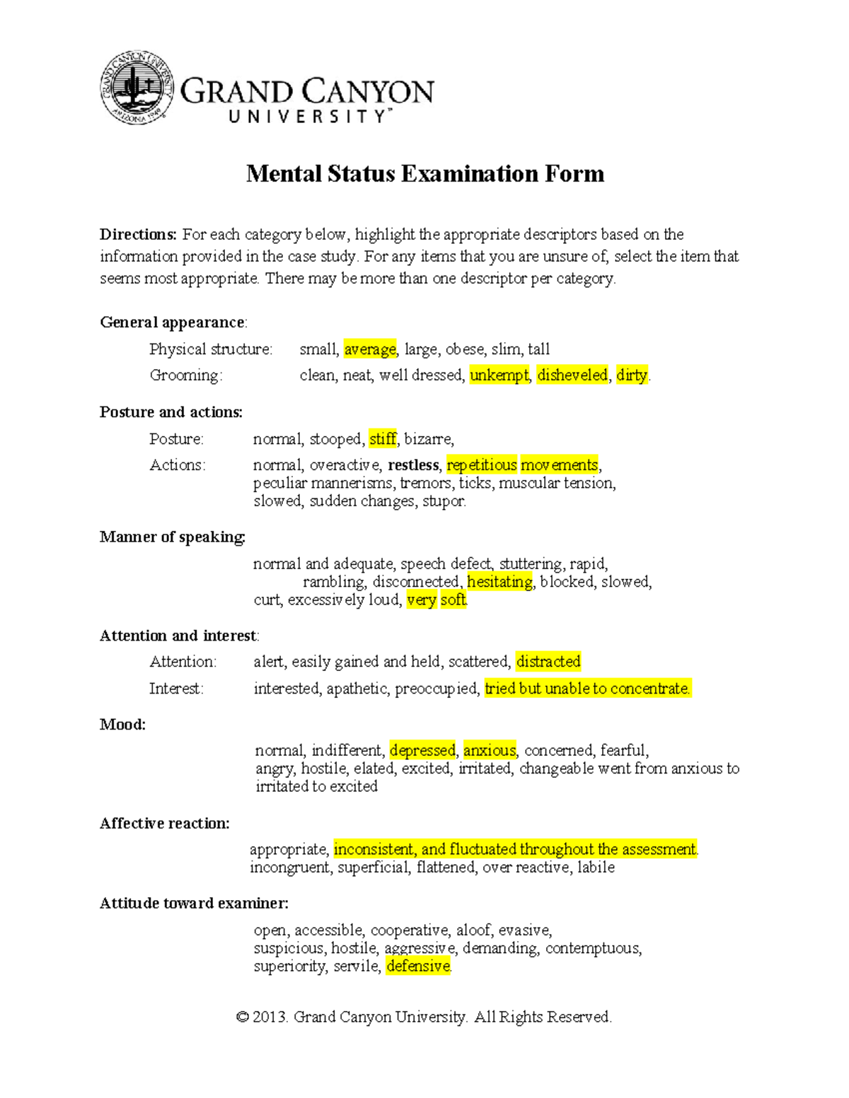 PCN255 - PCN 255 - Mental Status Examination Form Directions: For each ...