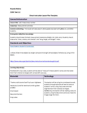 C109 Task 1 Lesson Plan - Student ID# 009224996 C109 Task 1 Direct Instruction Lesson Plan ...