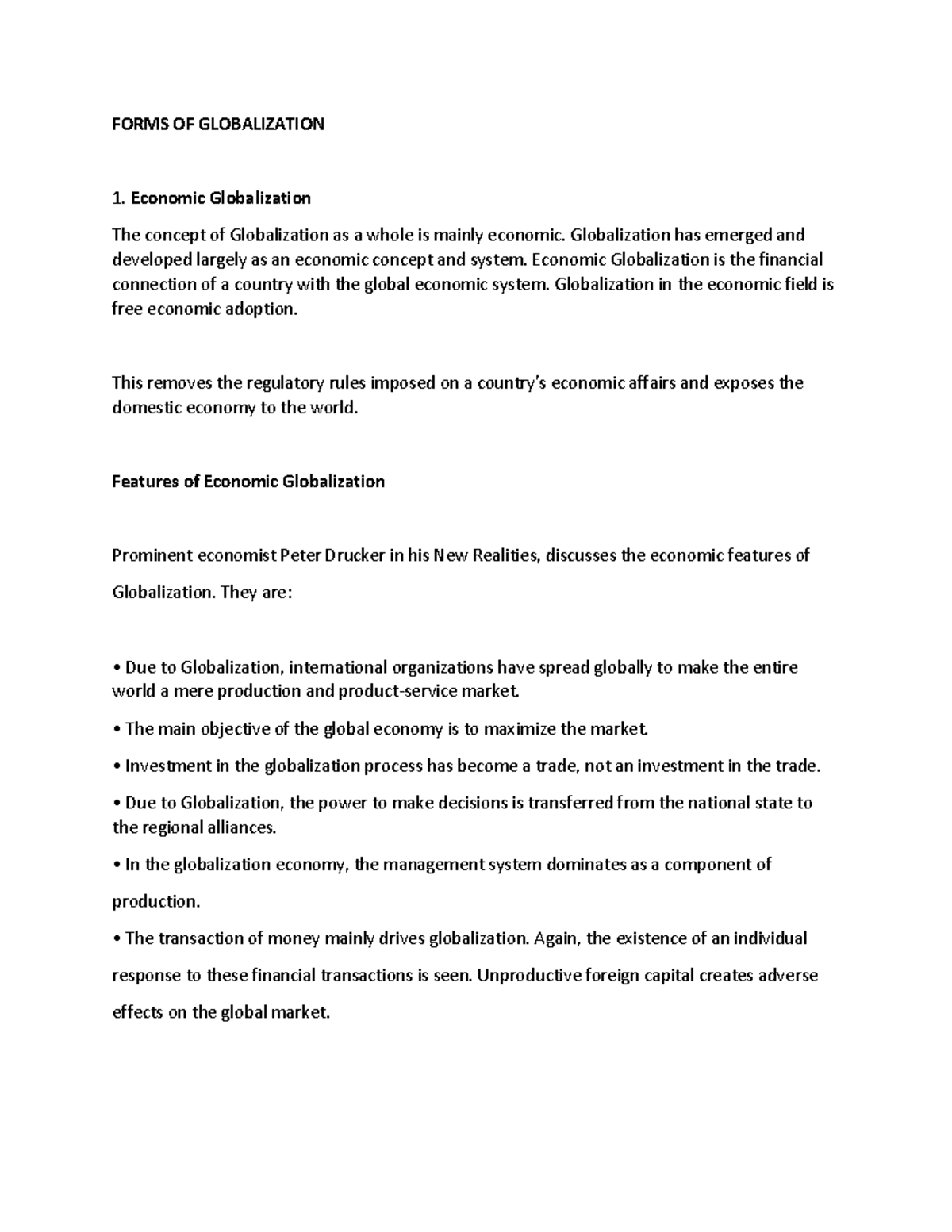 Minor 4 - FORMS OF GLOBALIZATION Economic Globalization The concept of ...