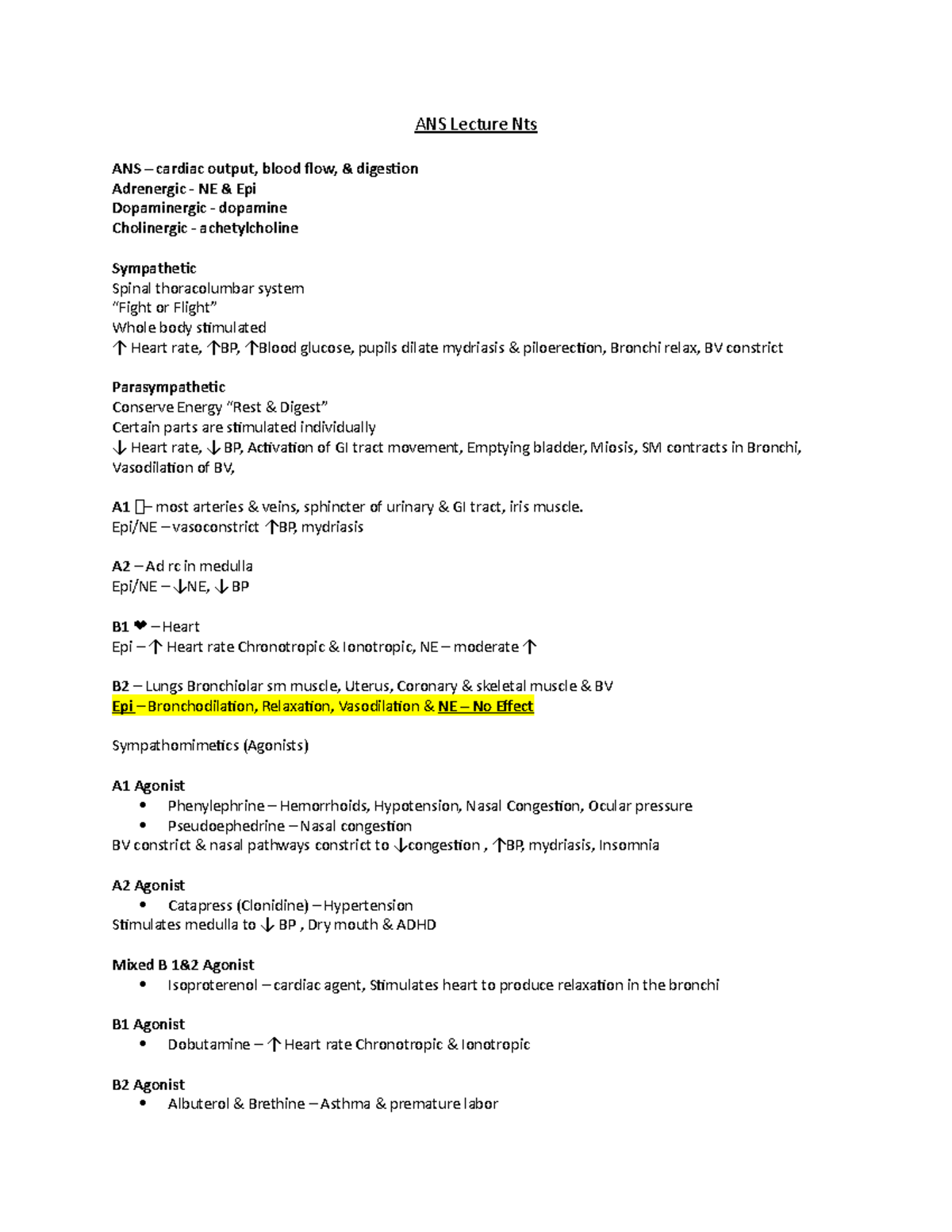 ANS Nts - ANS Drug Notes - ANS Lecture Nts ANS – cardiac output, blood ...