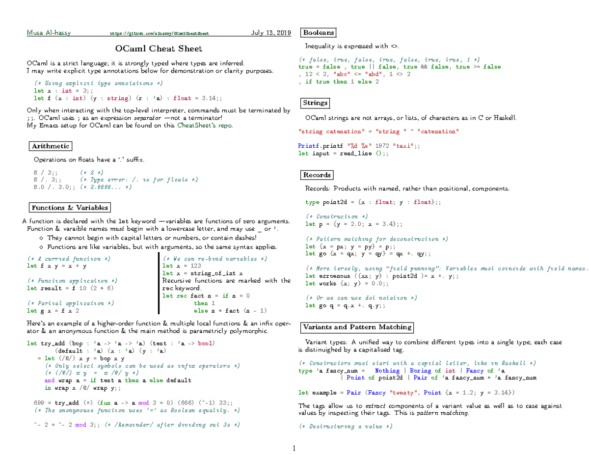 Cheat Sheet - Musa Al-hassy github/alhassy/OCamlCheatSheet July 13 ...