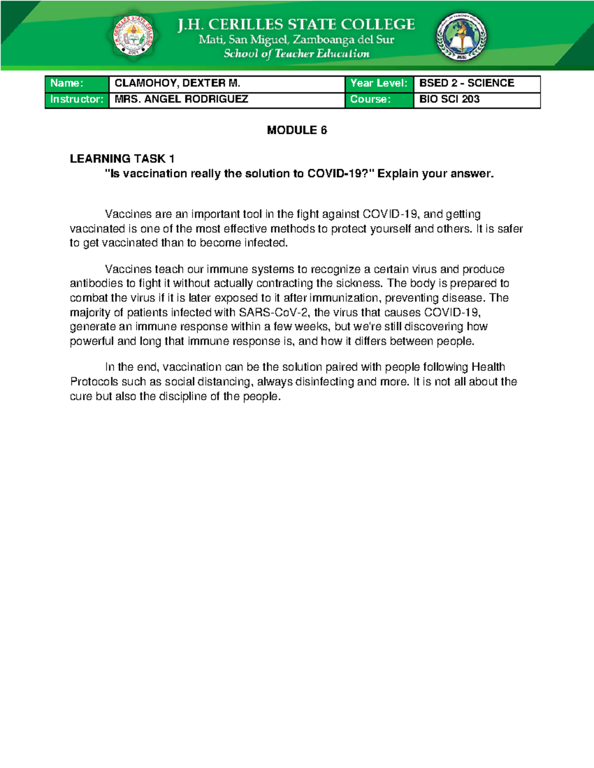 Clamohoy, Dexter M.-BSED-2 Micro Bio Module 6 - Name: CLAMOHOY, DEXTER ...