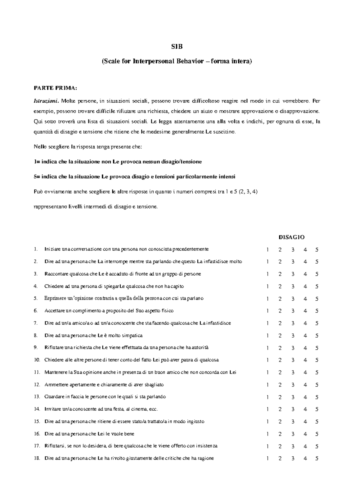 SIB - SIB (Scale for Interpersonal Behavior – forma intera) PARTE PRIMA ...