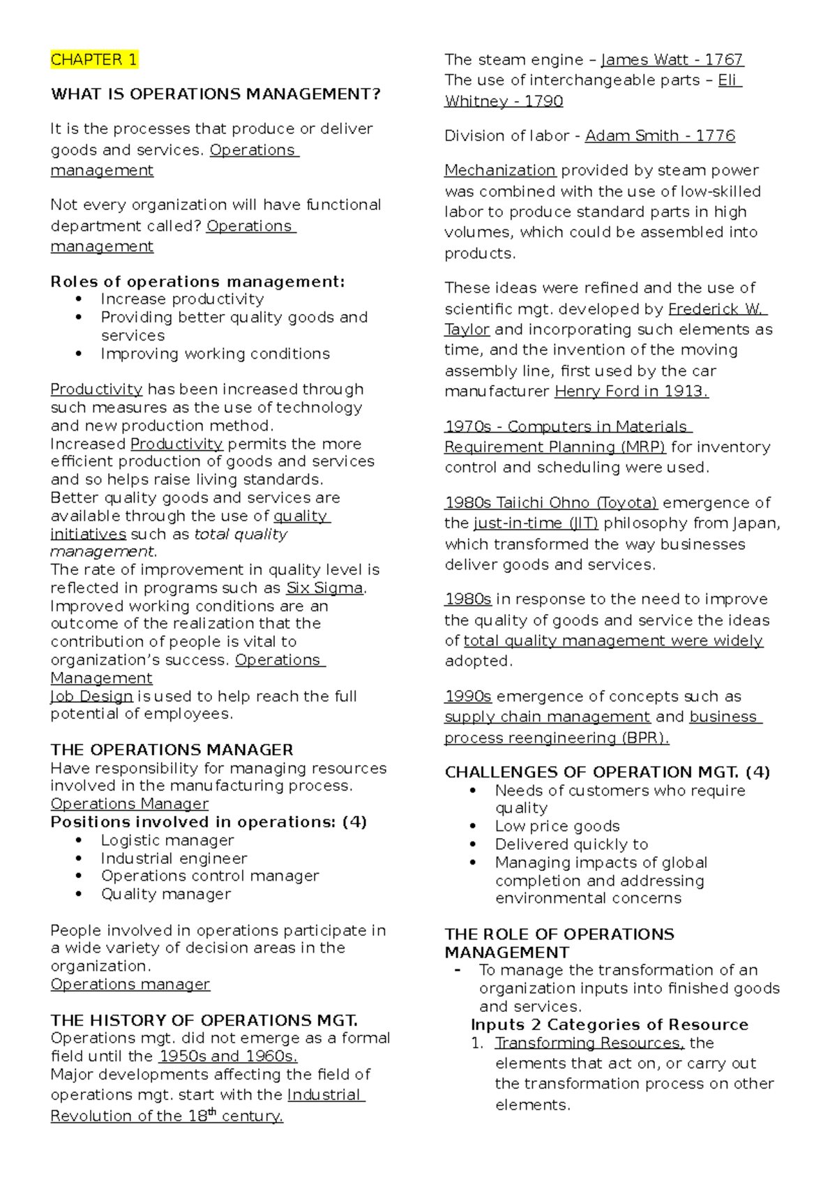 Outline in OPM Prelims - CHAPTER 1 WHAT IS OPERATIONS MANAGEMENT? It is ...