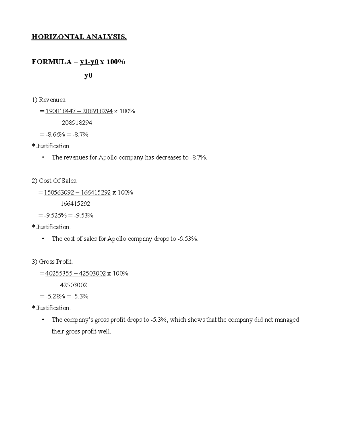 Horizontal Analysis-BF Assignment - HORIZONTAL ANALYSIS. FORMULA = y1 ...