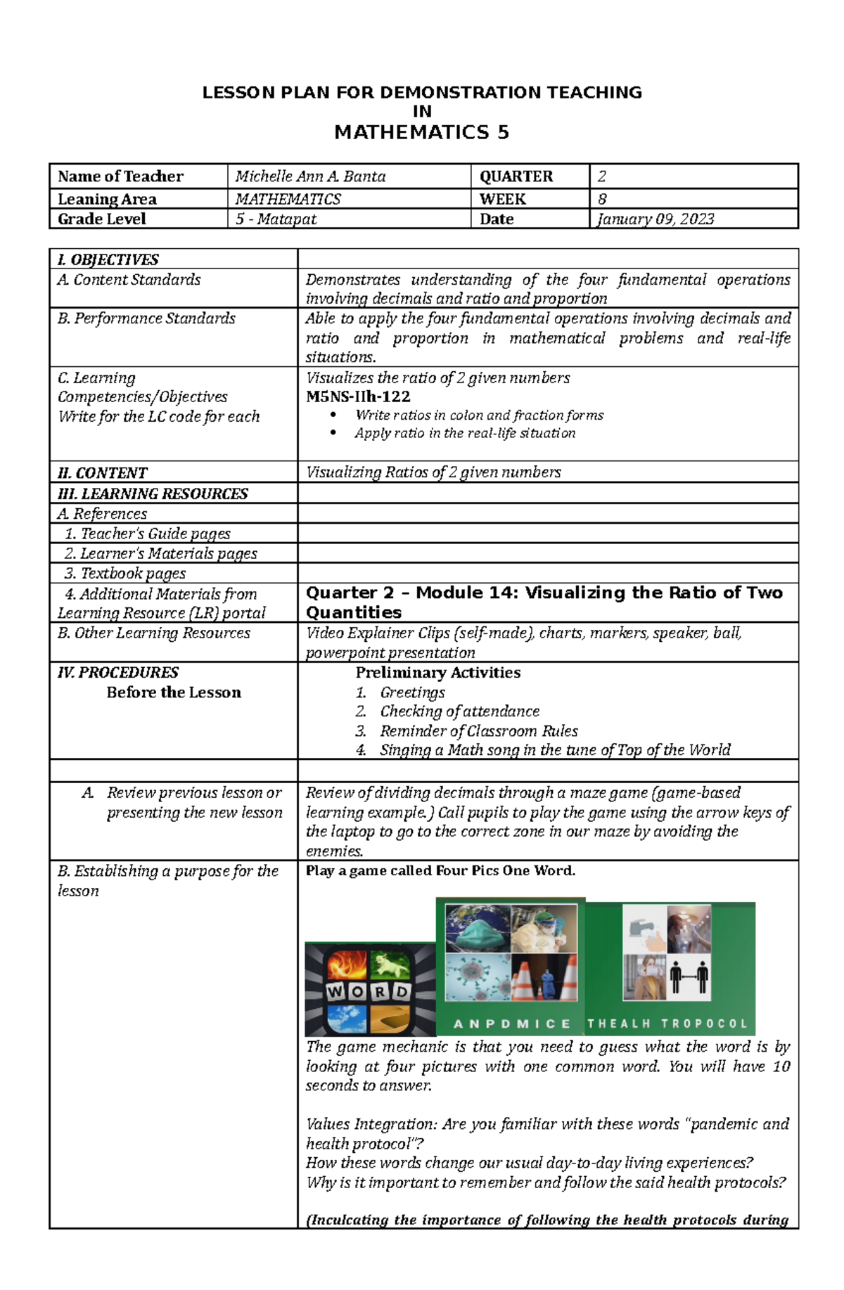DLP Visualizing Ratios-Q2 WEEk 8 - LESSON PLAN FOR DEMONSTRATION ...