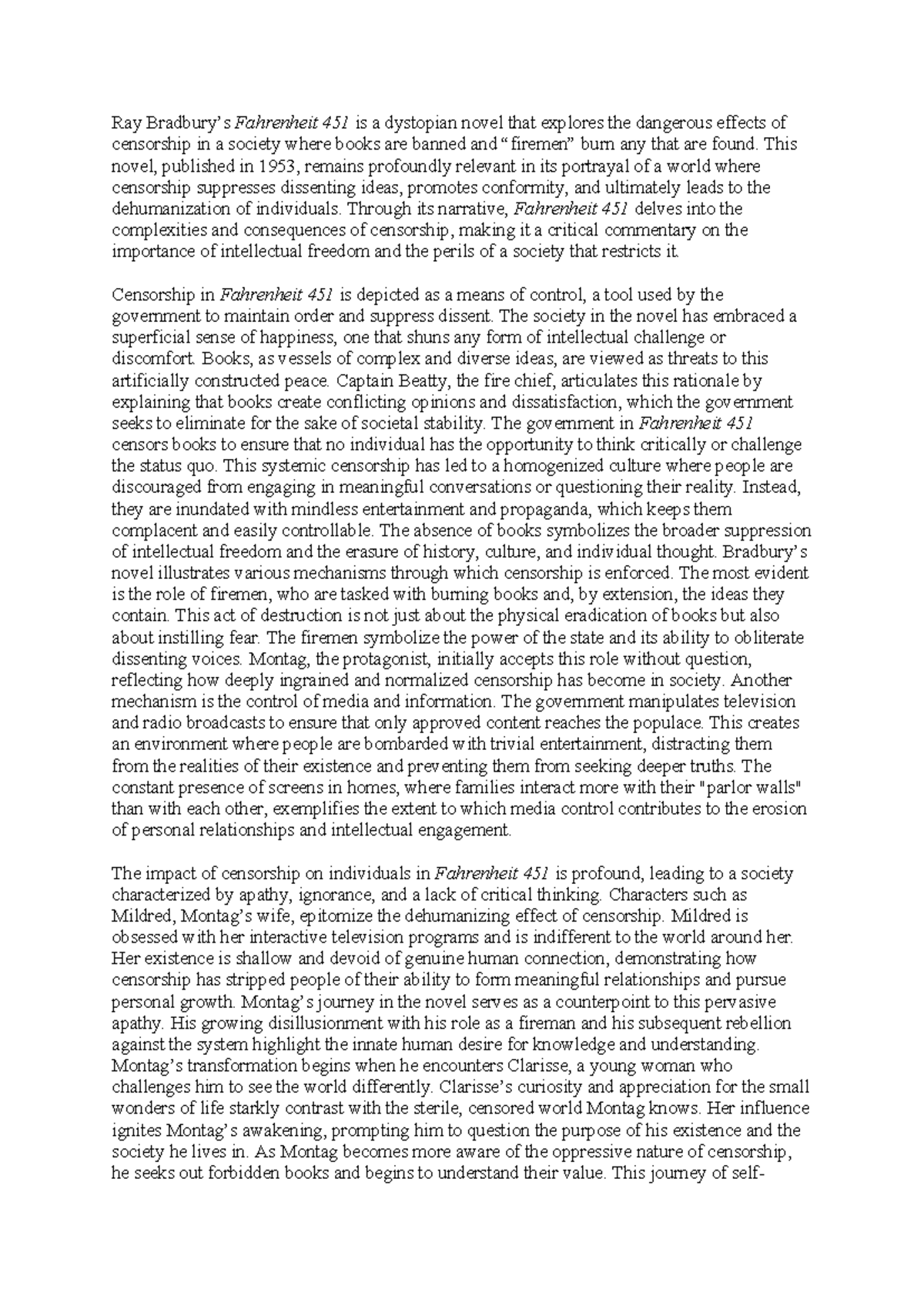 Analysis of Censorship in Fahrenheit 451 - Ray Bradbury’s Fahrenheit ...