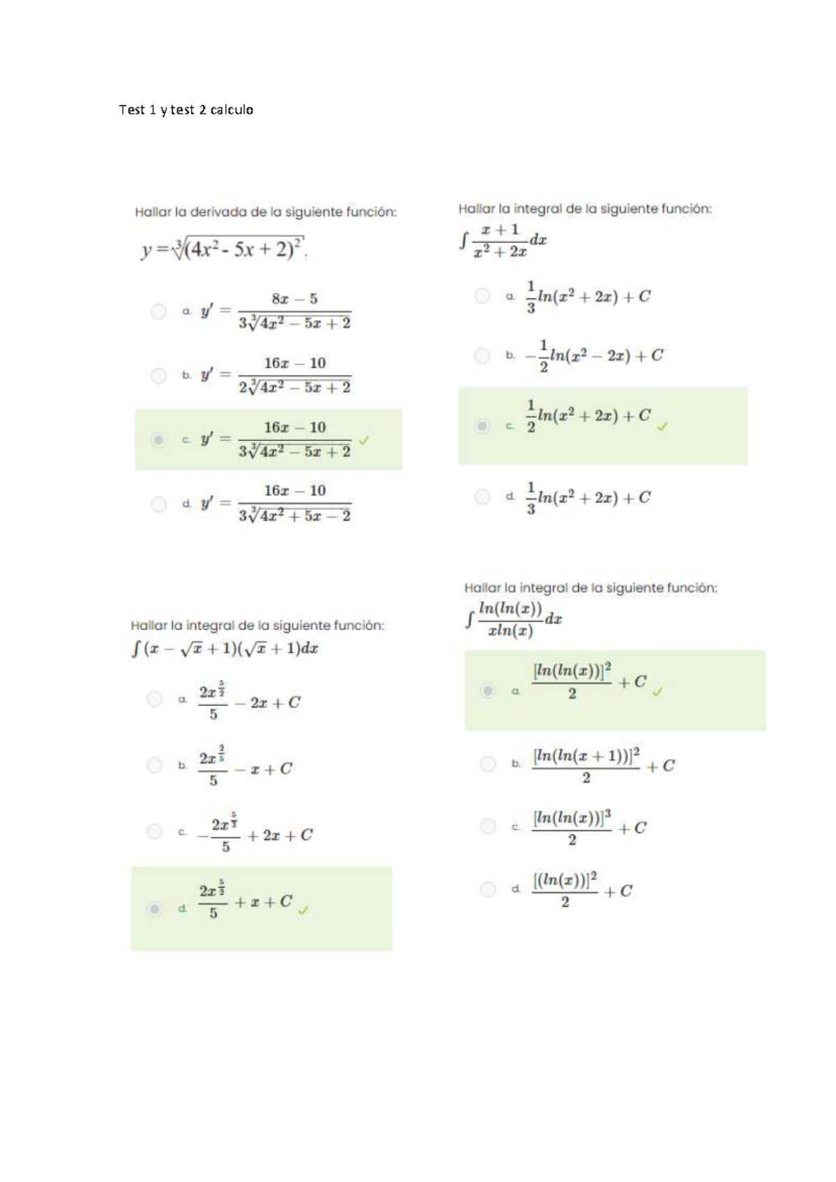 EJERCICIOS CALCULO - Calculo integral - Test 1 y test 2 calculo - Studocu