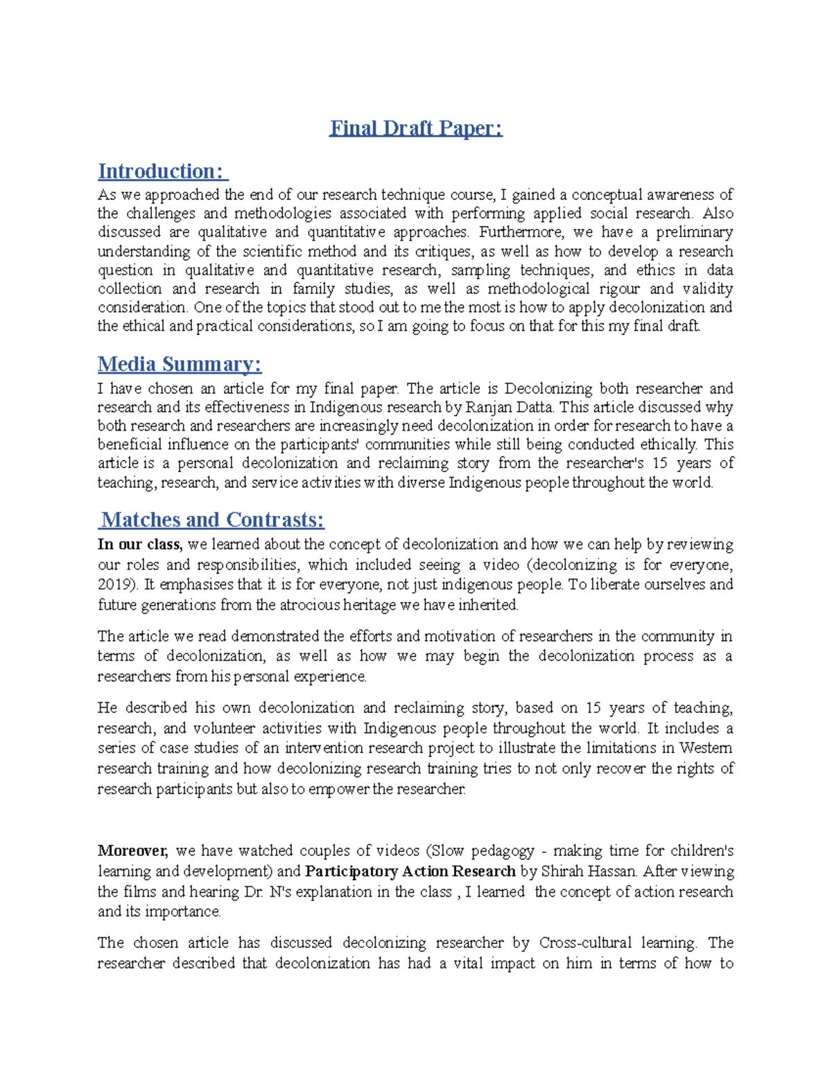 Final draft paper - Final Draft Paper: Introduction: As we approached ...