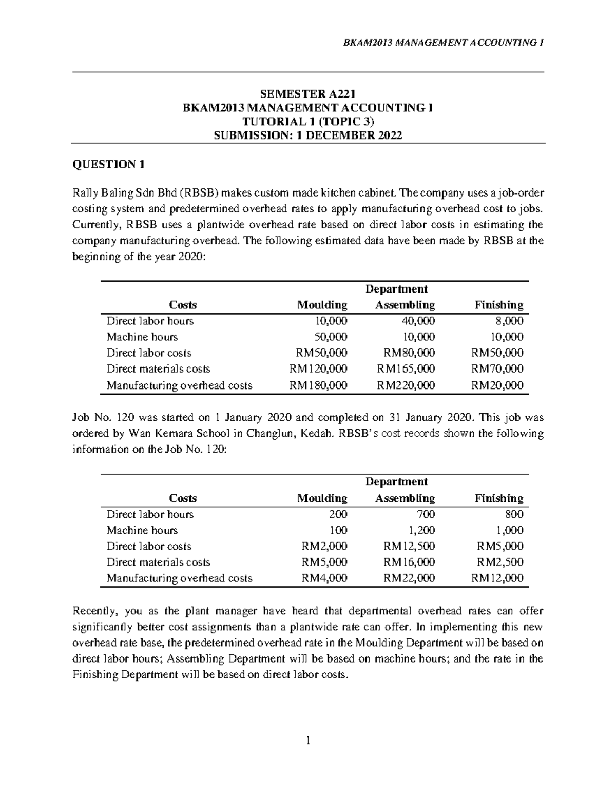 Tutorial 1 management accounting - BKAM2013 MANAGEMENT ACCOUNTING I 1 ...