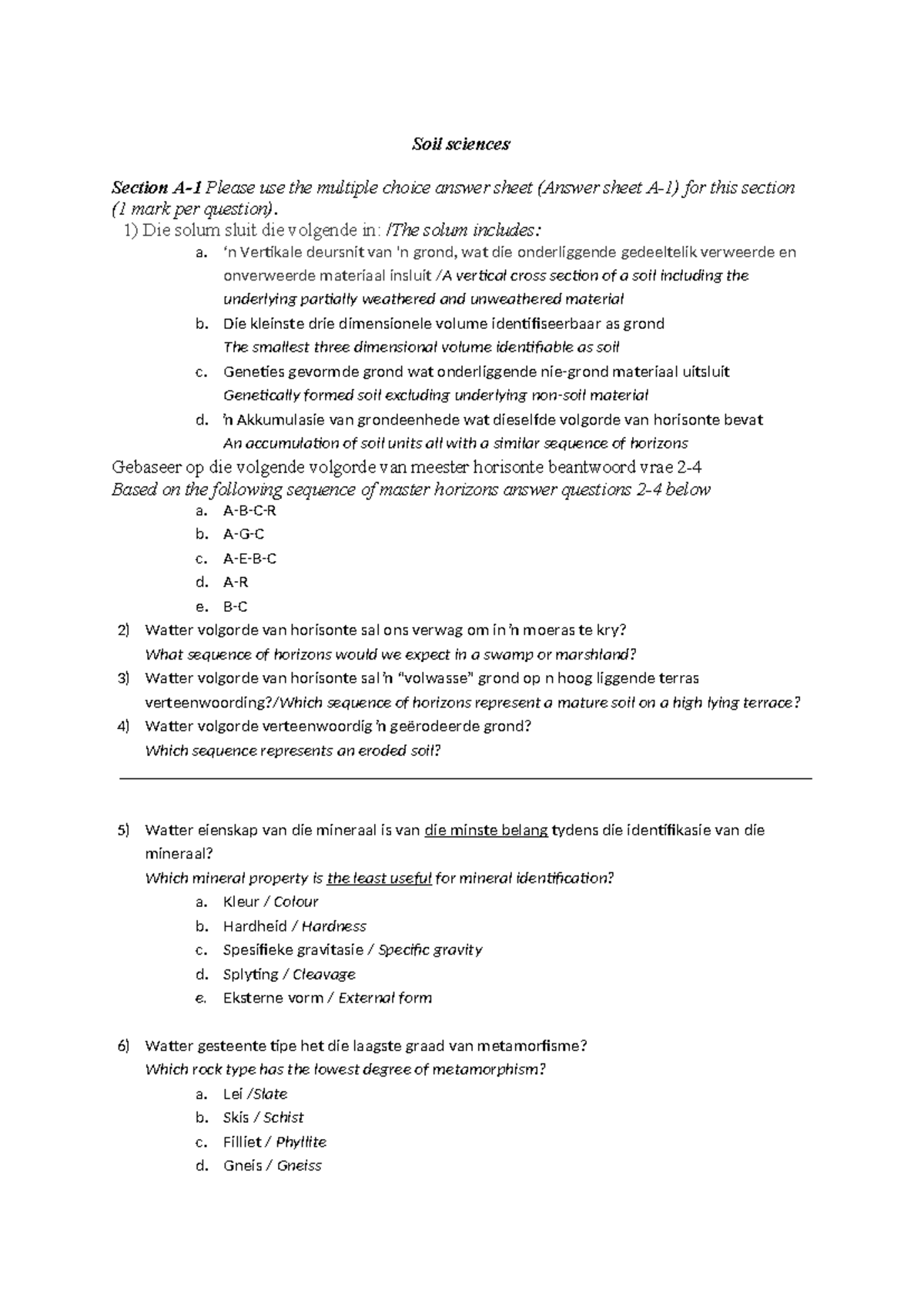 Soil sciences practice questions - Soil sciences Section A-1 Please use ...