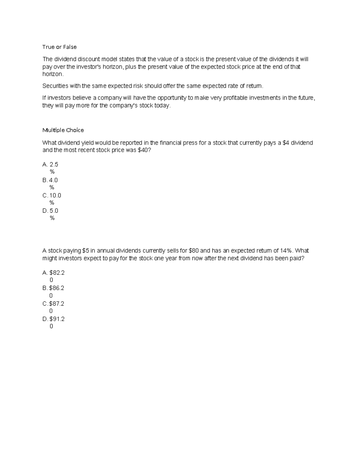 Stocks homework practice v1 - True or False The dividend discount model ...