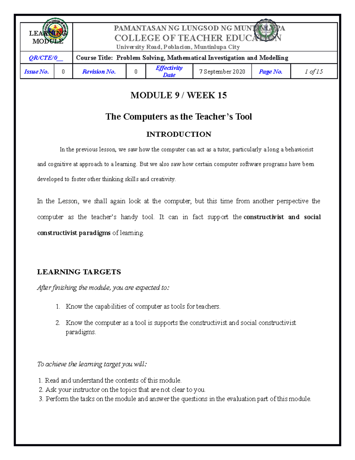 ICT2 Module 9- Ramos- Jayson-B-CTE-3C - MODULE 9 / WEEK 15 The ...