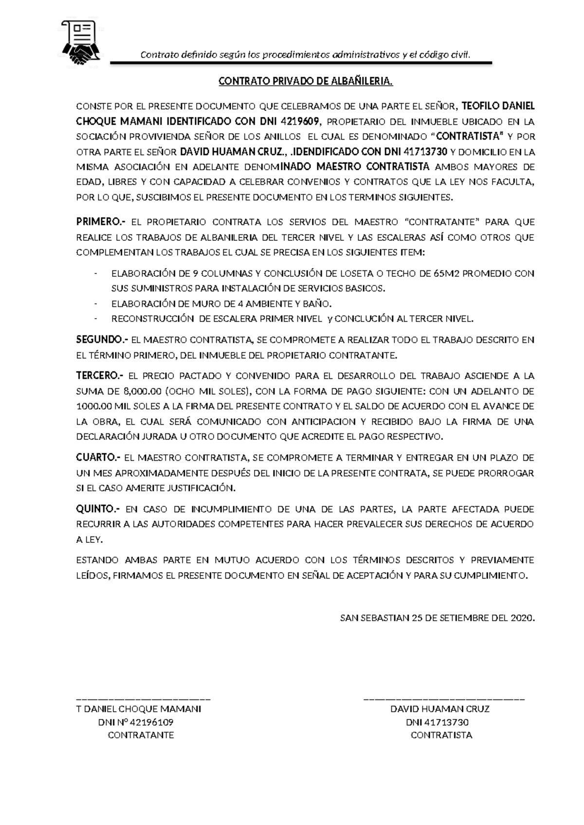 Contrato DE Trabajo - Contrato definido según los procedimientos ...