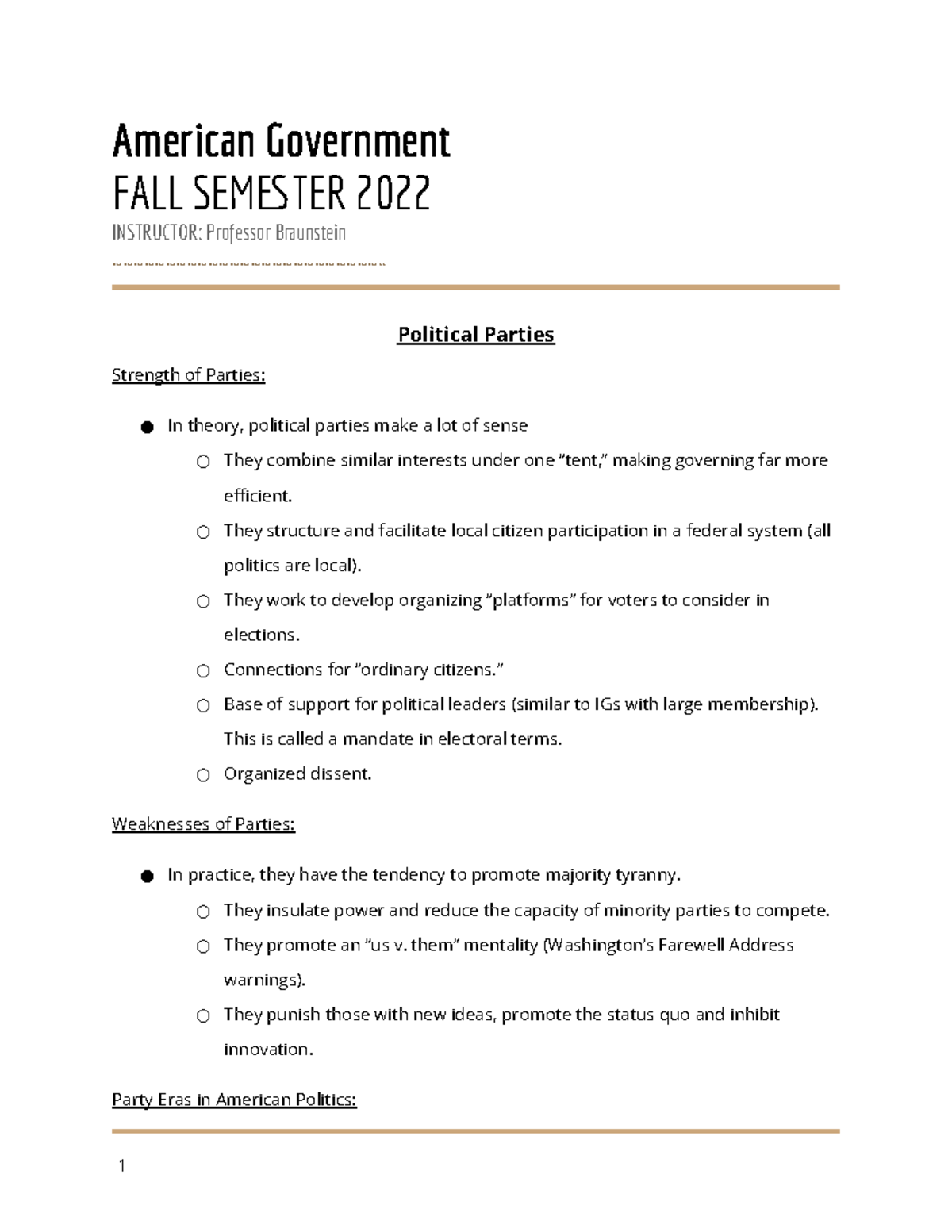 Class notes Political Parties - American Government FALL SEMESTER 2022 ...