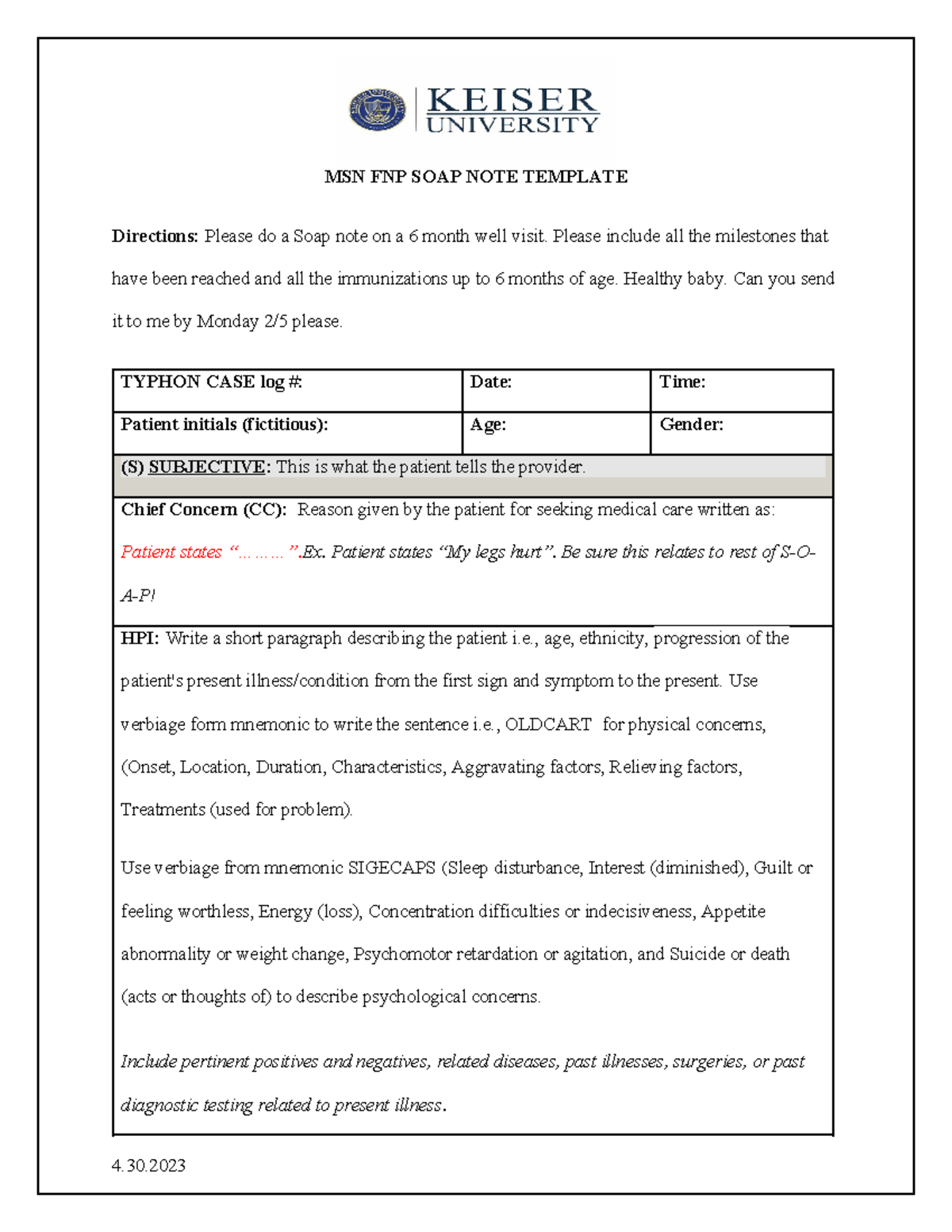 SOAP Note Well-child exam - MSN FNP SOAP NOTE TEMPLATE Directions ...